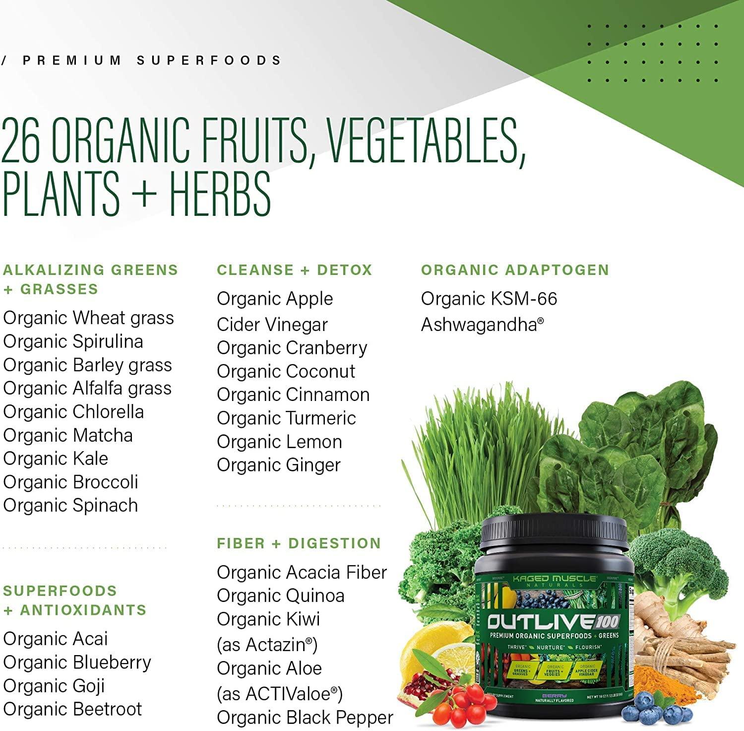 Kaged Muscle Outlive 100 Organic Superfoods & Greens Powder with ACV ...