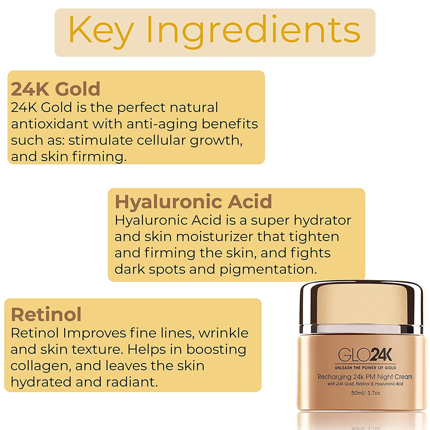 GLO24K Night Cream with 24k Gold, Retinol, Vitamins, and Hyaluronic ...