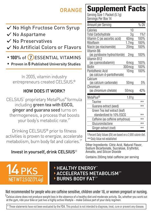 CELSIUS On-the-Go Powder Sticks - Orange Flavor Zero Sugar - 2.6 Oz (14 ...