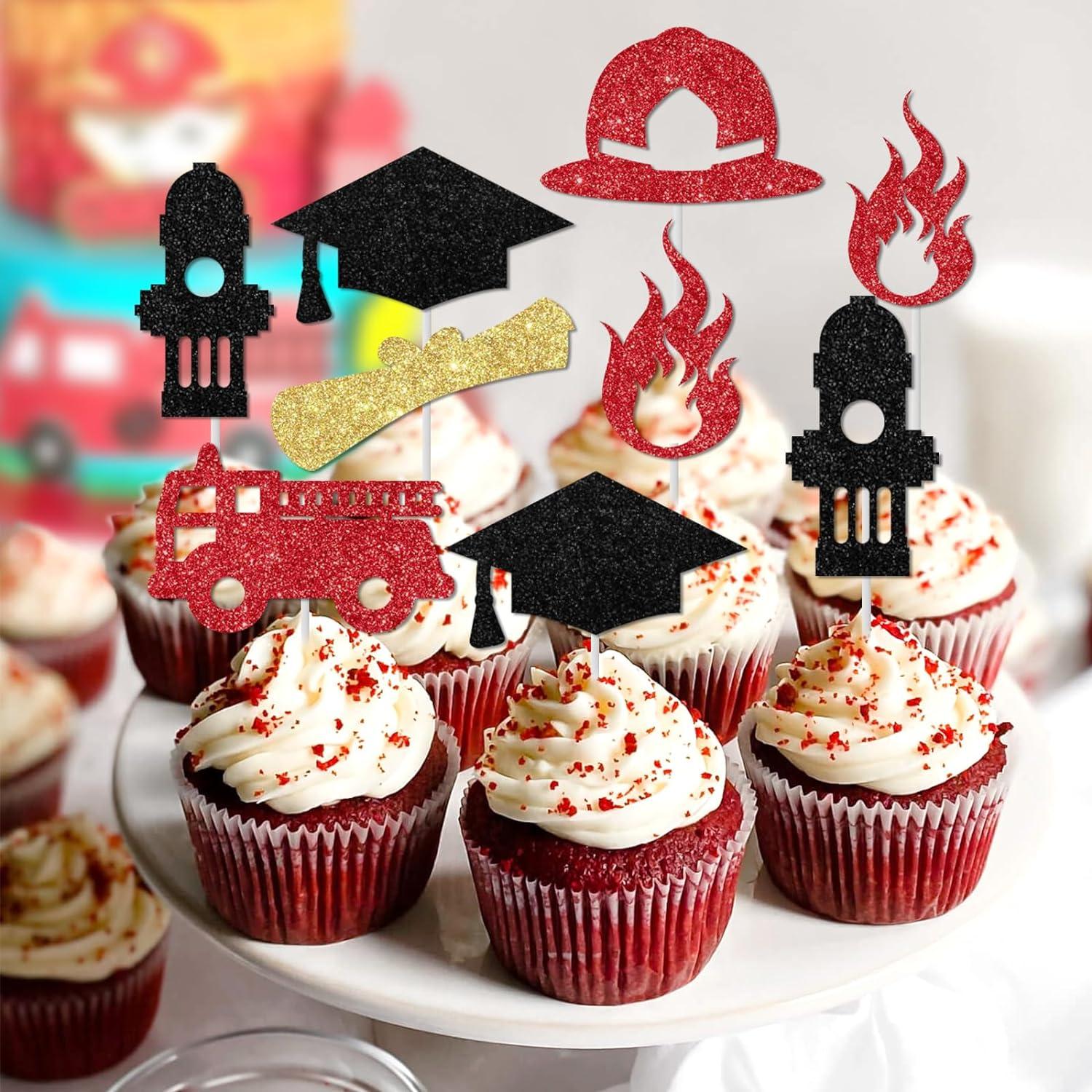 kreat4joy 24pcs Firefighter Graduation Cupcake Toppers Glittering ...