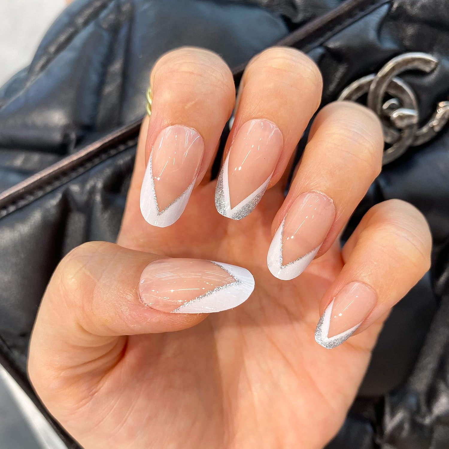 Novo Ovo Oval Almond Press-On Nails | Silver Glitter French Tip | Short ...