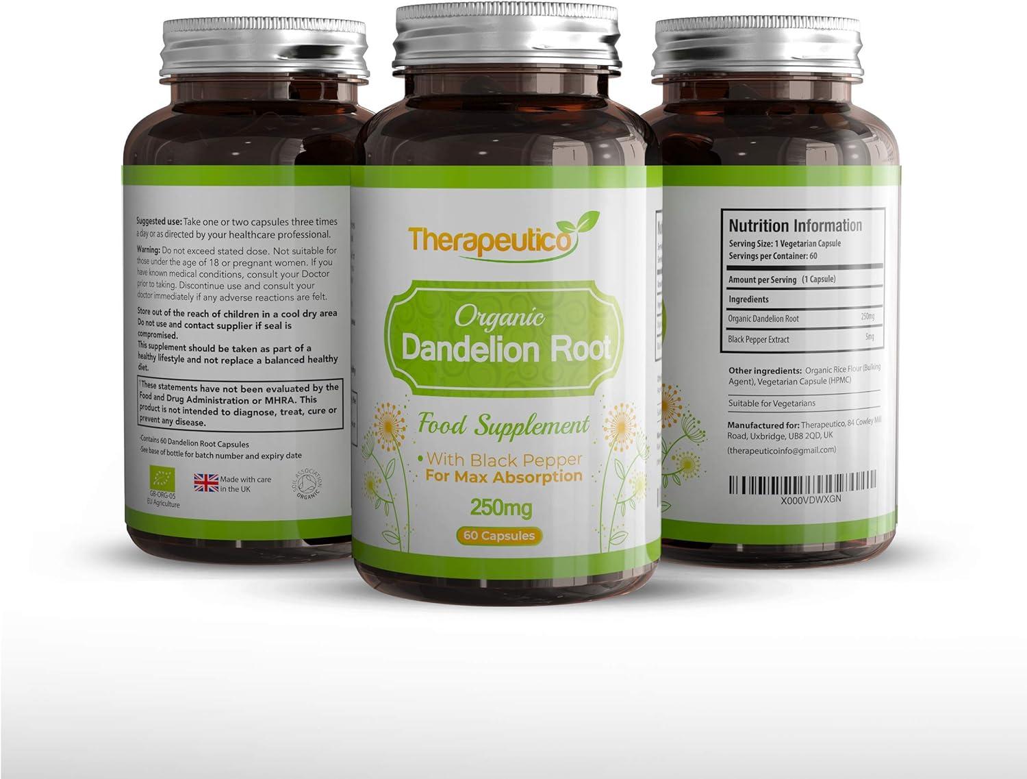 Organic Dandelion Root Capsules with Black Pepper | 60 Vegan Capsules ...