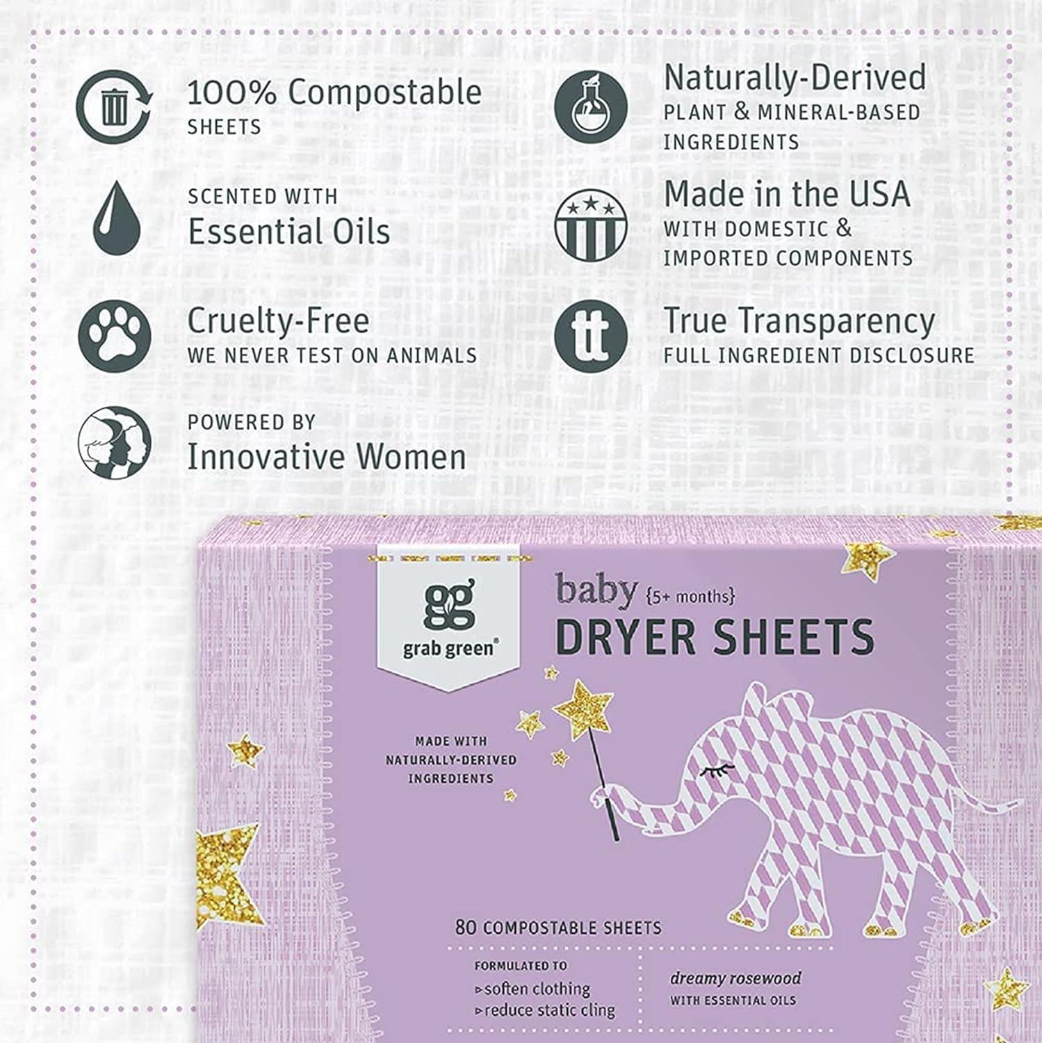 Grab Green Baby Laundry Dryer Sheets Dreamy Rosewood Scent 160 Sheets ...