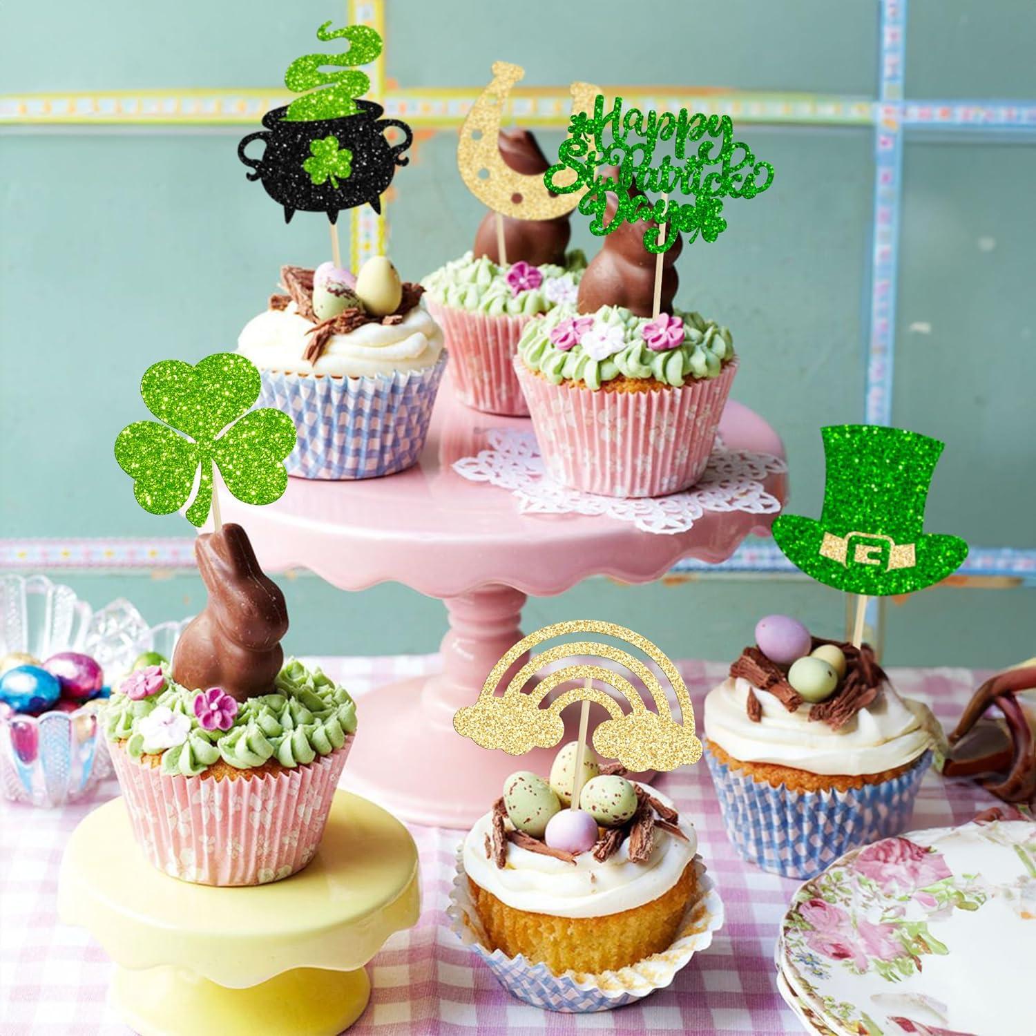 Gyufise 24Pcs Happy St Patrick's Day Cupcake Toppers Glitter Four Leaf ...