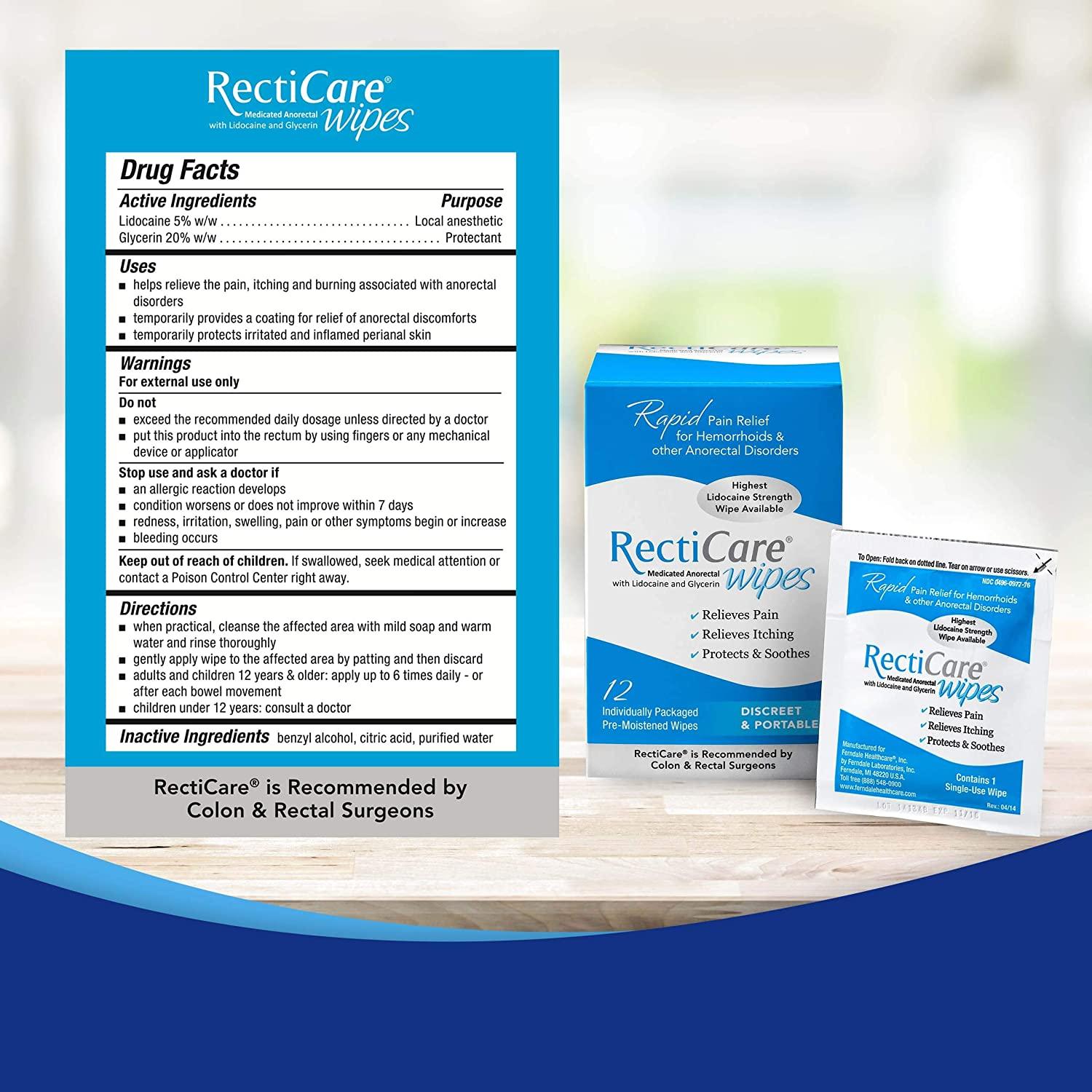 RectiCare 5% Lidocaine Anorectal Wipes with Glycerin - 12 Pack | Fast ...
