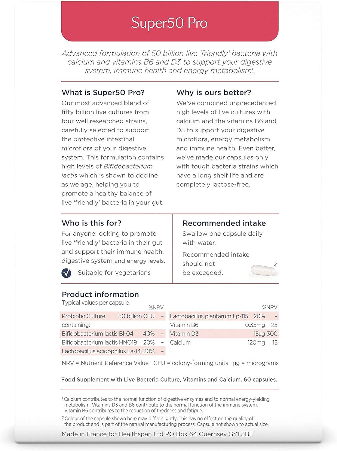 Healthspan Super50 Probiotic with Vitamin D3 - 50 Billion Live Cultures ...