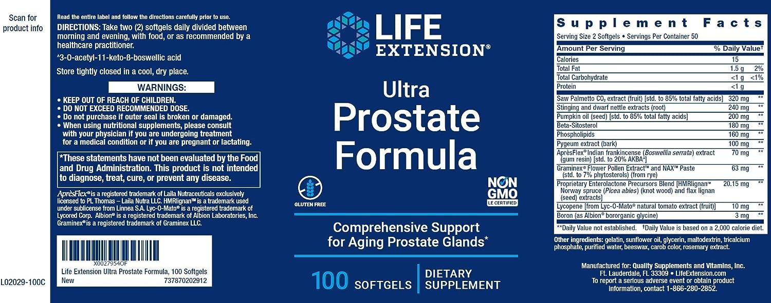 Life Extension Ultra Prostate Formula 100 Softgels - Natural Men's ...