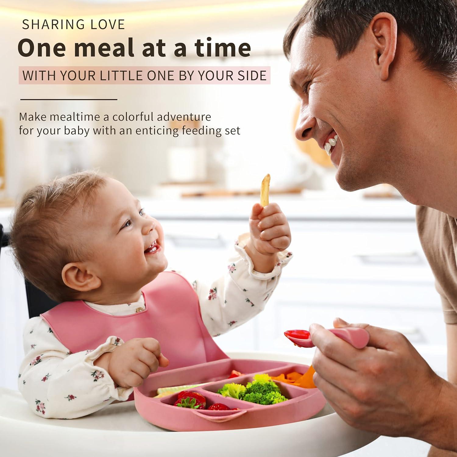 KIDOLEO Silicone Baby Weaning Set - Suction Plate, Bowl, Sippy Cup, Bib ...