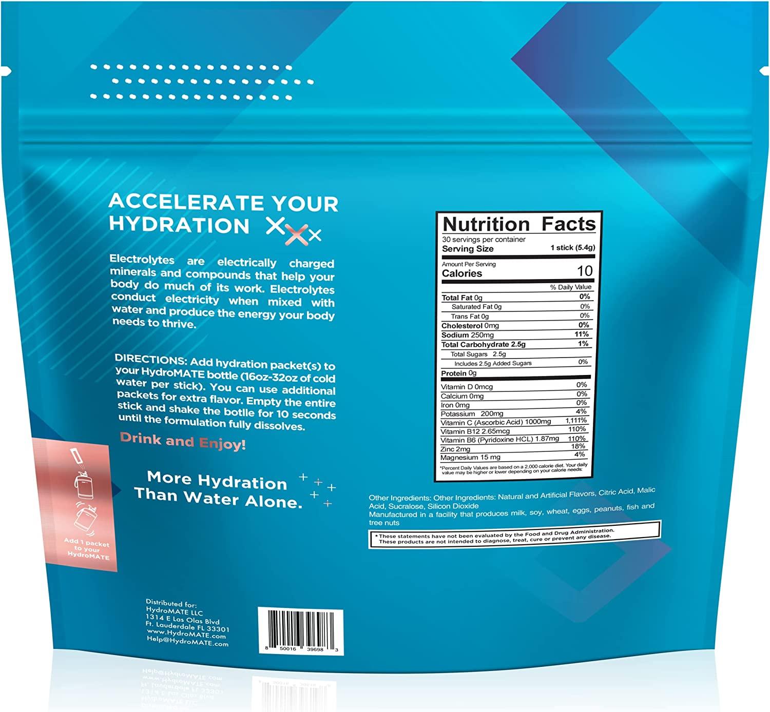 HydroMATE Electrolytes Powder Packets - Peach Iced Tea Flavor - 30 ...