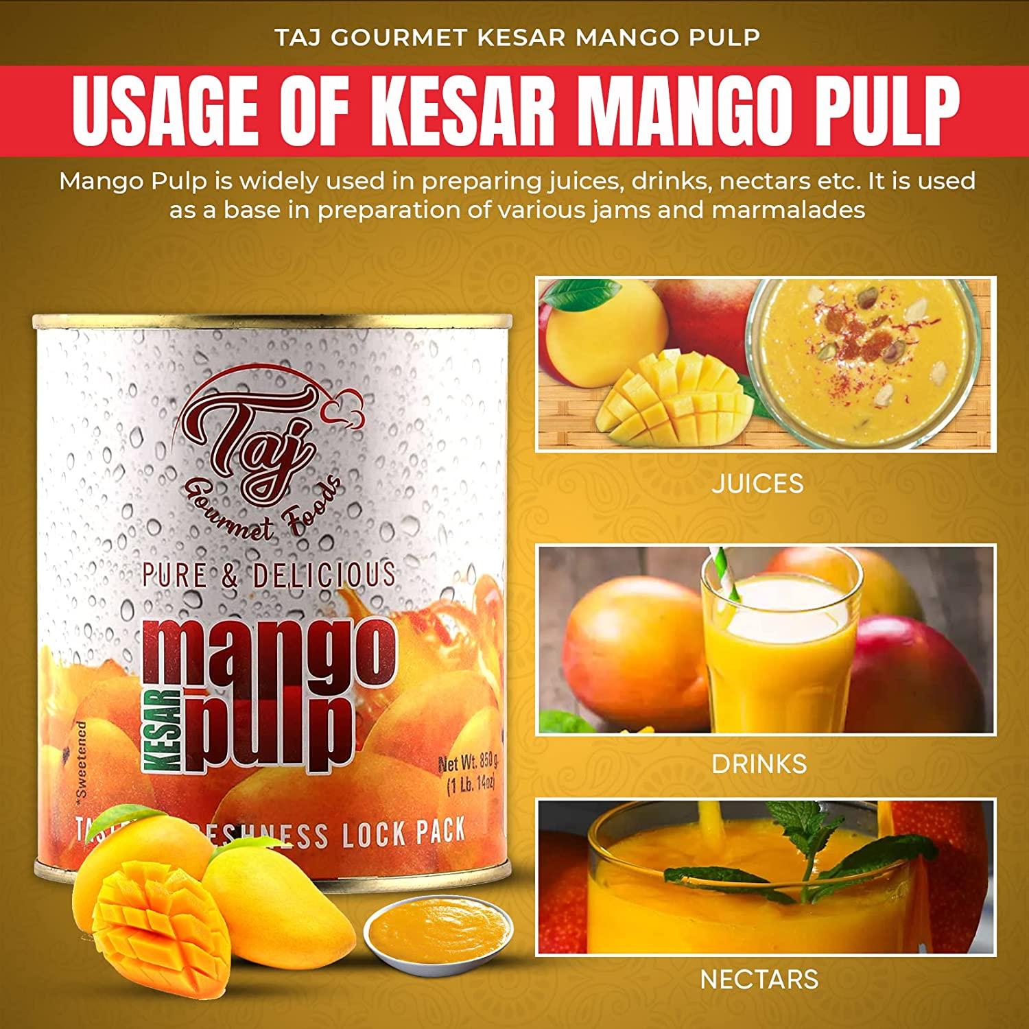 TAJ Kesar Mango Pulp 30oz - Sweetened Mango Puree for Delicious Recipes ...