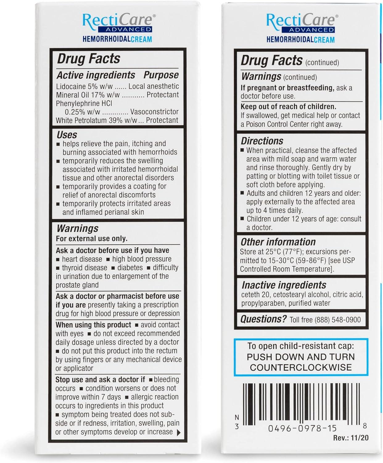 Recticare Advanced Hemorrhoidal Cream - Soothing Relief for Hemorrhoids ...