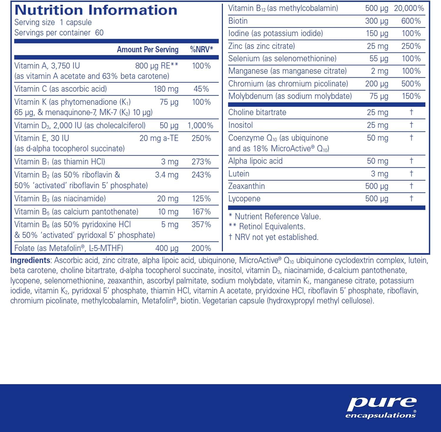 Pure Encapsulations O.N.E. Multivitamin 60 Capsules with Comprehensive ...