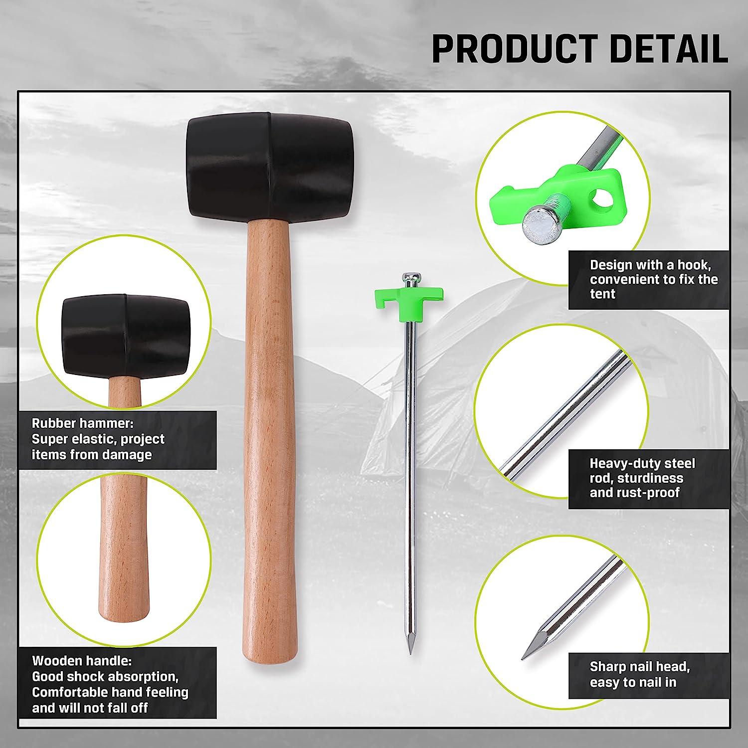 10pc Galvanized Metal Tent Stakes with Wooden Handle Rubber Mallet ...