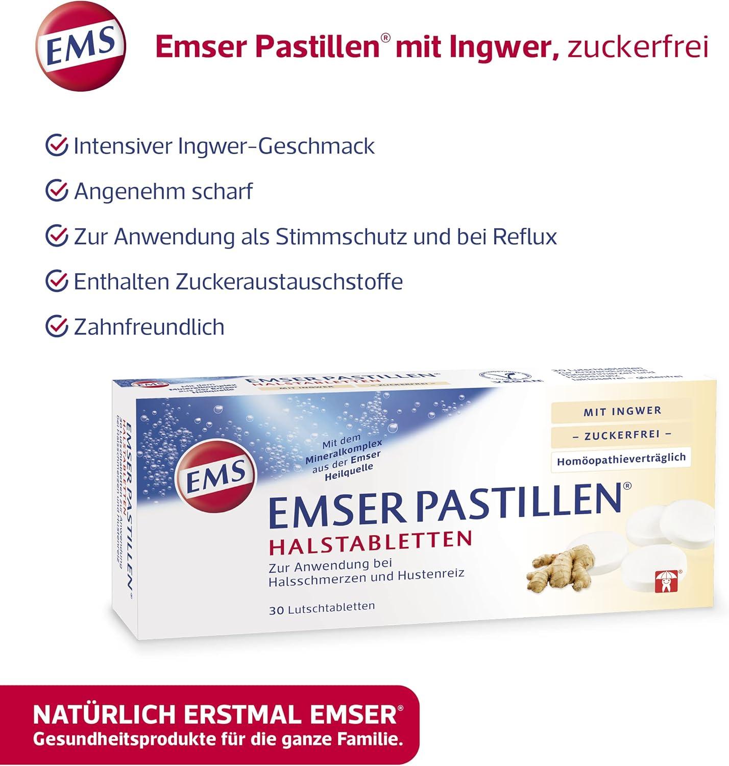 Emser Pastilles Half Tablets with Ginger - Sugar-Free Relief for Sore ...