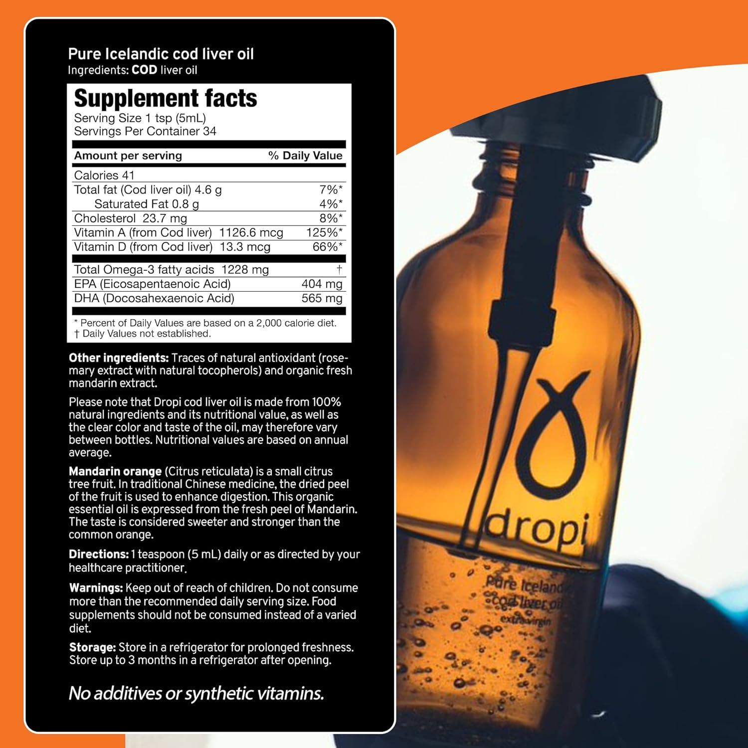Dropi Pure Icelandic Extra Virgin Cod Liver Oil 170ml (Mandarin) - 170. ...
