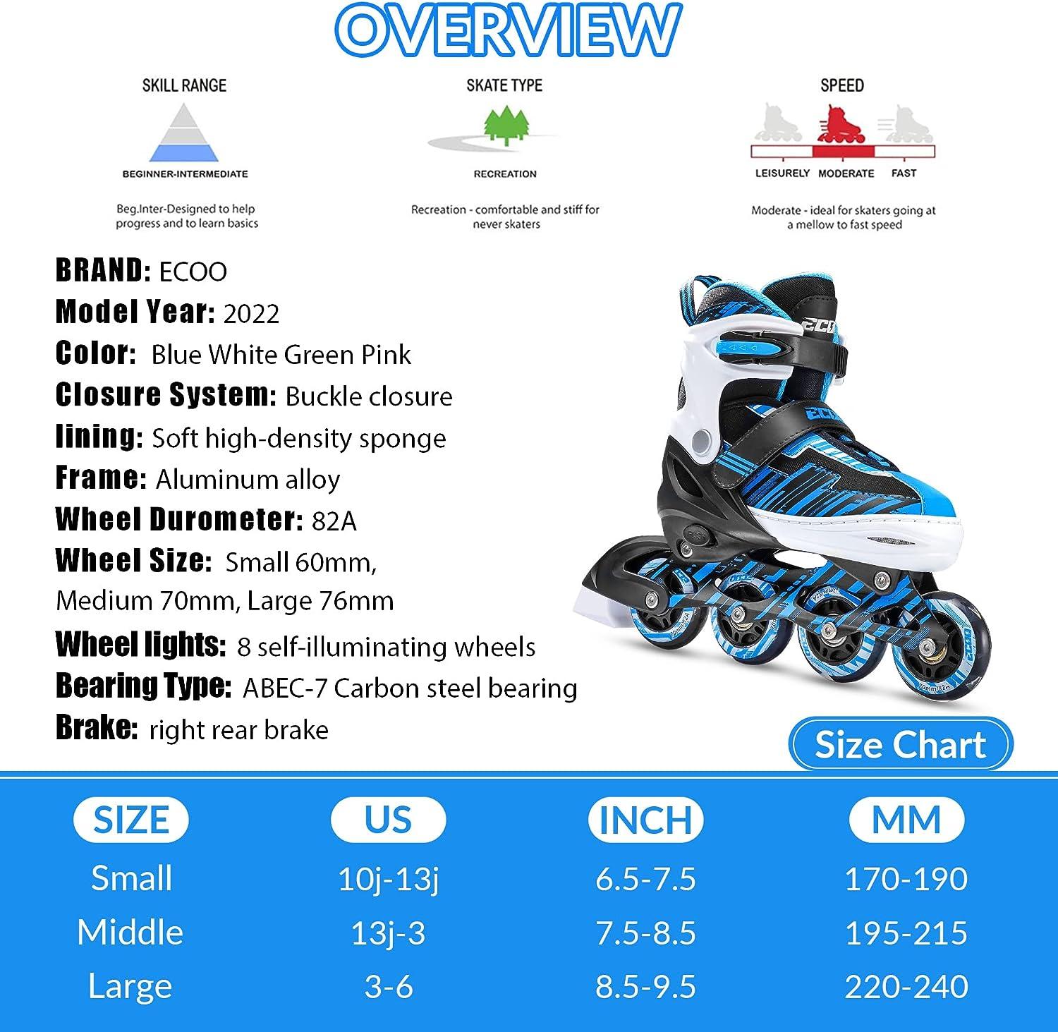 ECOO Adjustable Inline Skates with Light-up Wheels for Kids (Ages 4-12 ...
