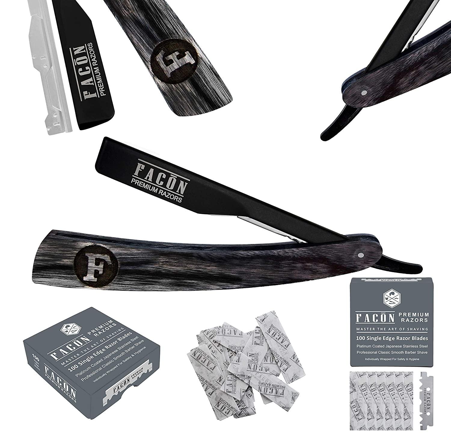 100 BLADES + Facn Professional Wooden Straight Edge Barber Razor ...