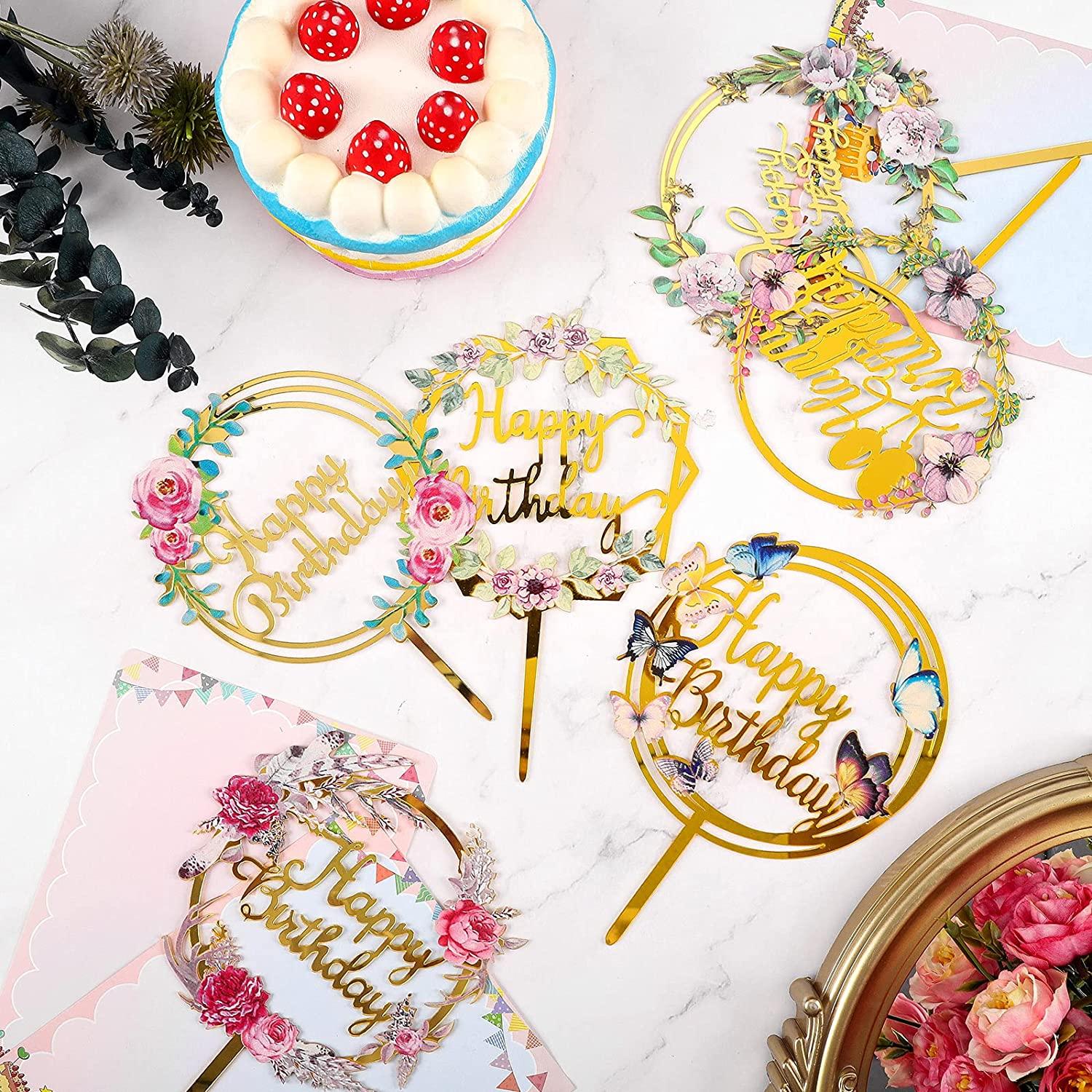 Happy Birthday Cake Toppers - Gold Flower Acrylic - Set of 6 - Ideal ...