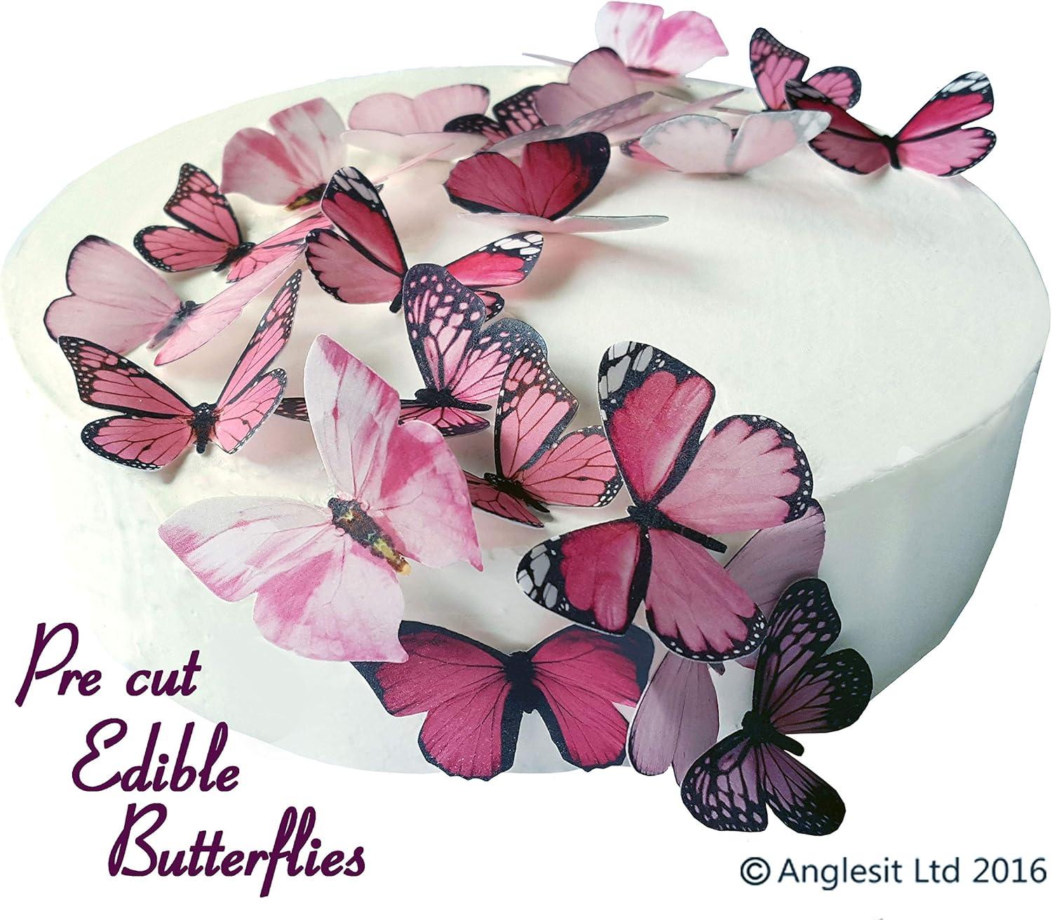 24 X PRE-CUT BEAUTIFUL MEDIUM PINK BUTTERFLIES EDIBLE RICE/WAFER PAPER ...