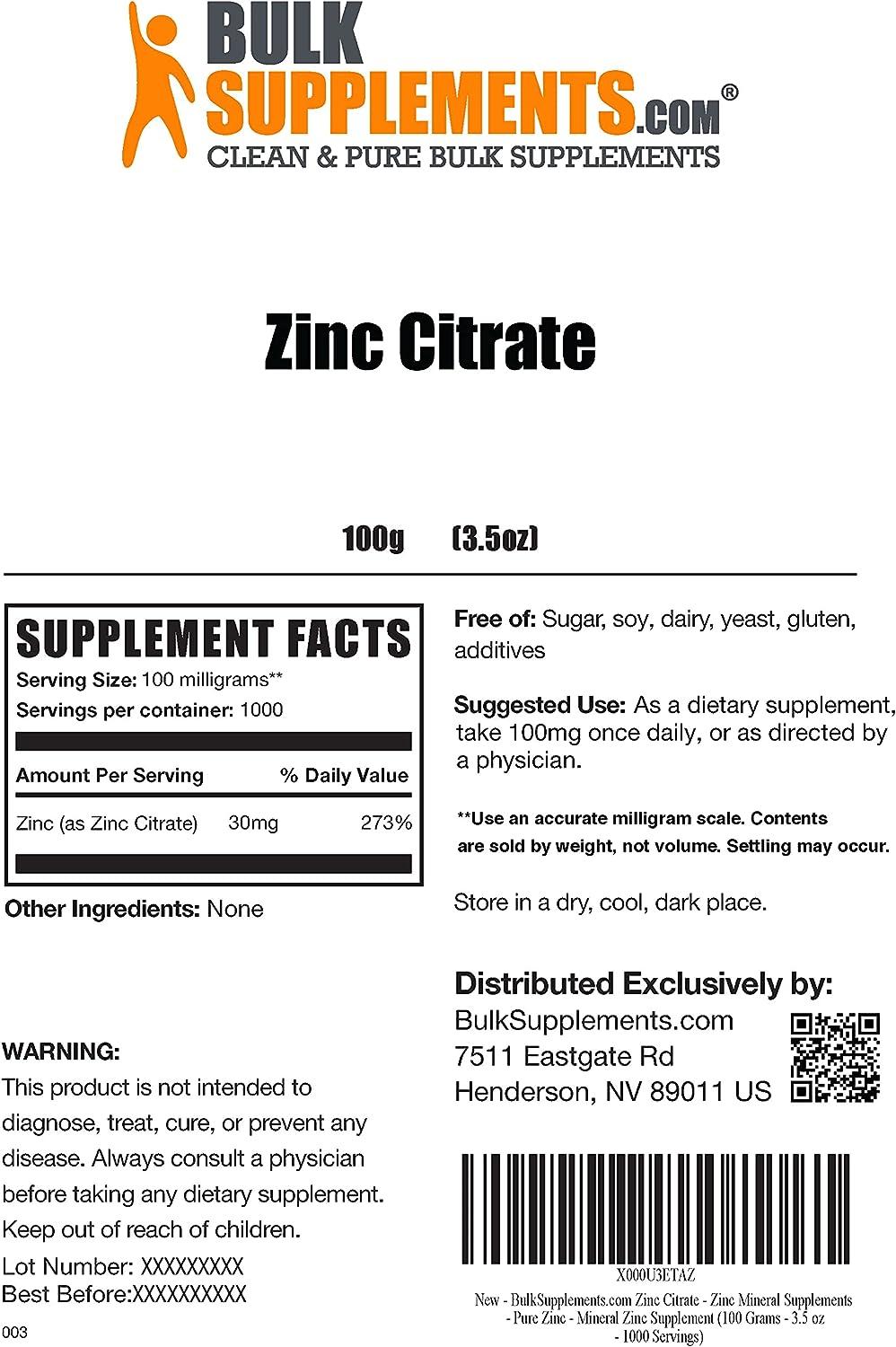 Zinc Citrate Powder 100g - Pure Zinc Supplement for Immune Support ...