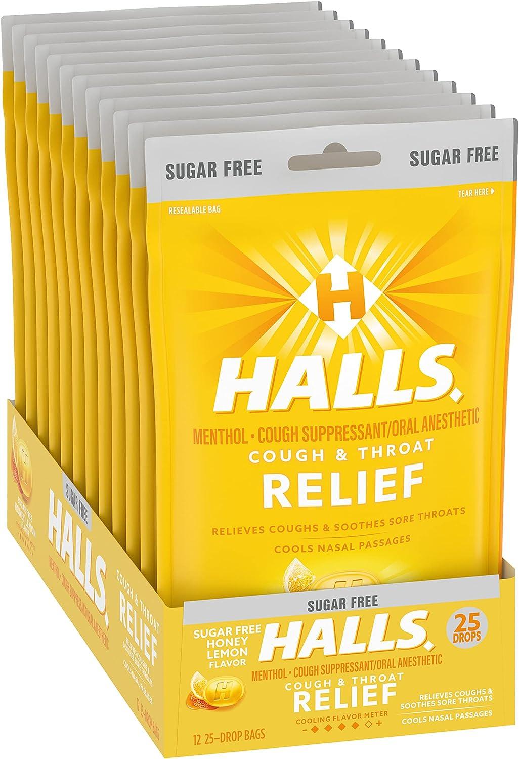 HALLS Relief Honey Lemon Sugar Free Cough Drops, 12 Packs of 25 Drops ...