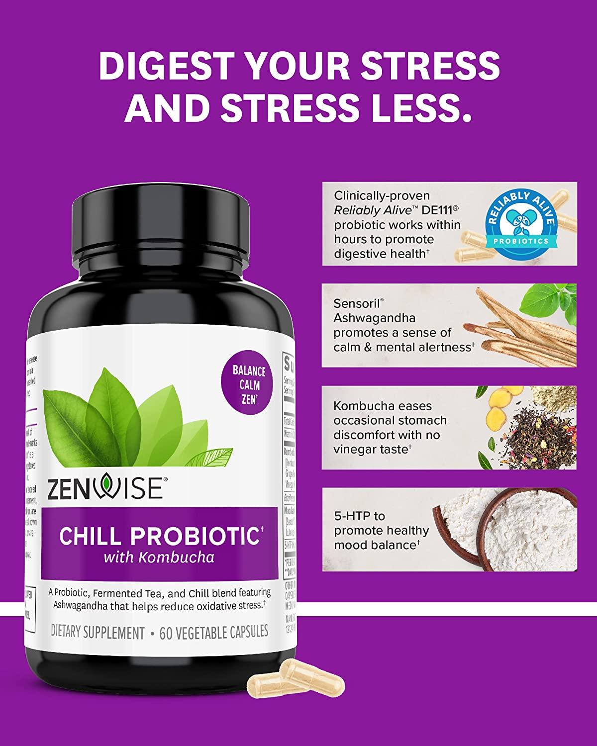 Zenwise Health Probiotic + Kombucha + Chill - 60 Veg Capsules for Gut ...