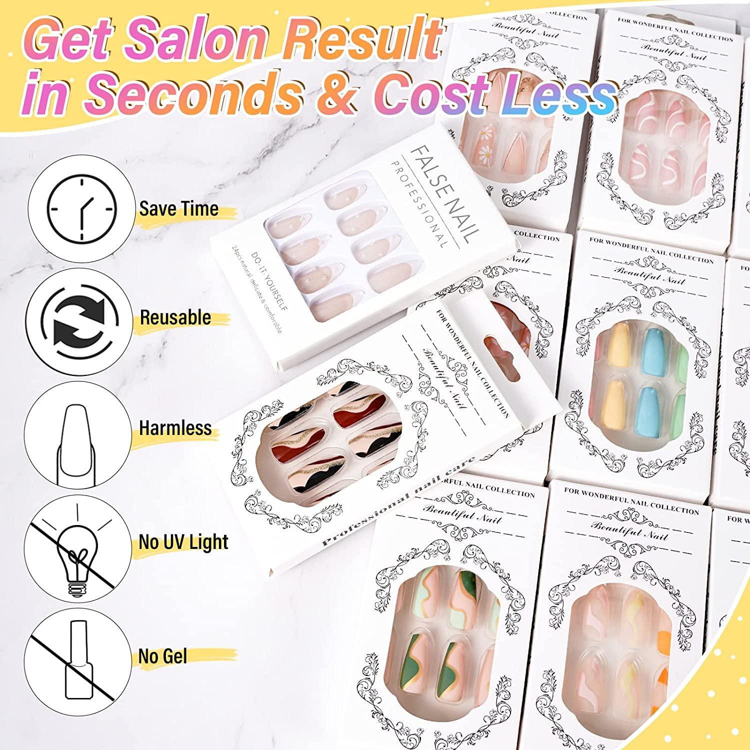 Canvalite French Tip Press On Nails Medium - Pearl Almond Short Glue On Nails - 24 Nail Kit with ...