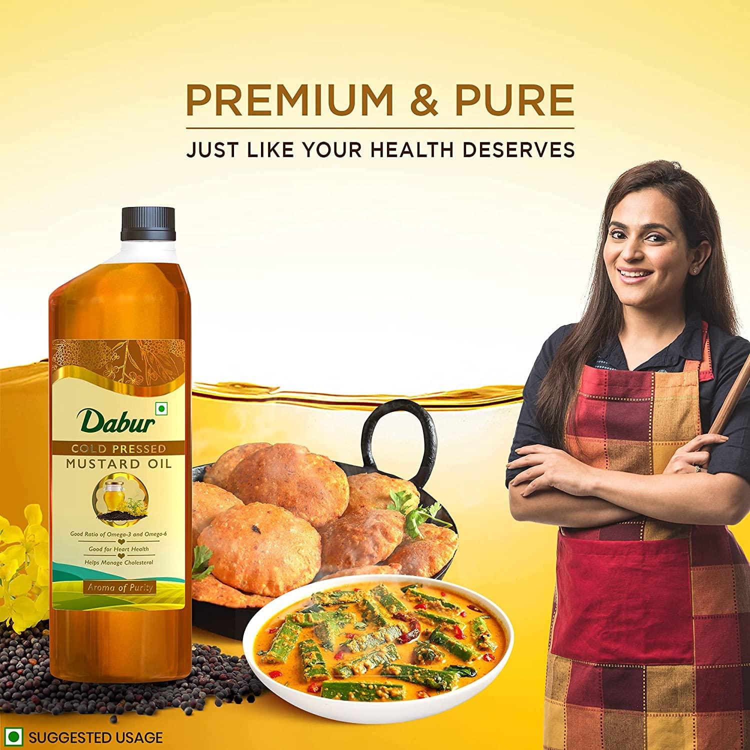 Dabur Cold Pressed Mustard Oil - 1L | Omega 3 & 6 Healthy Cooking Oil ...