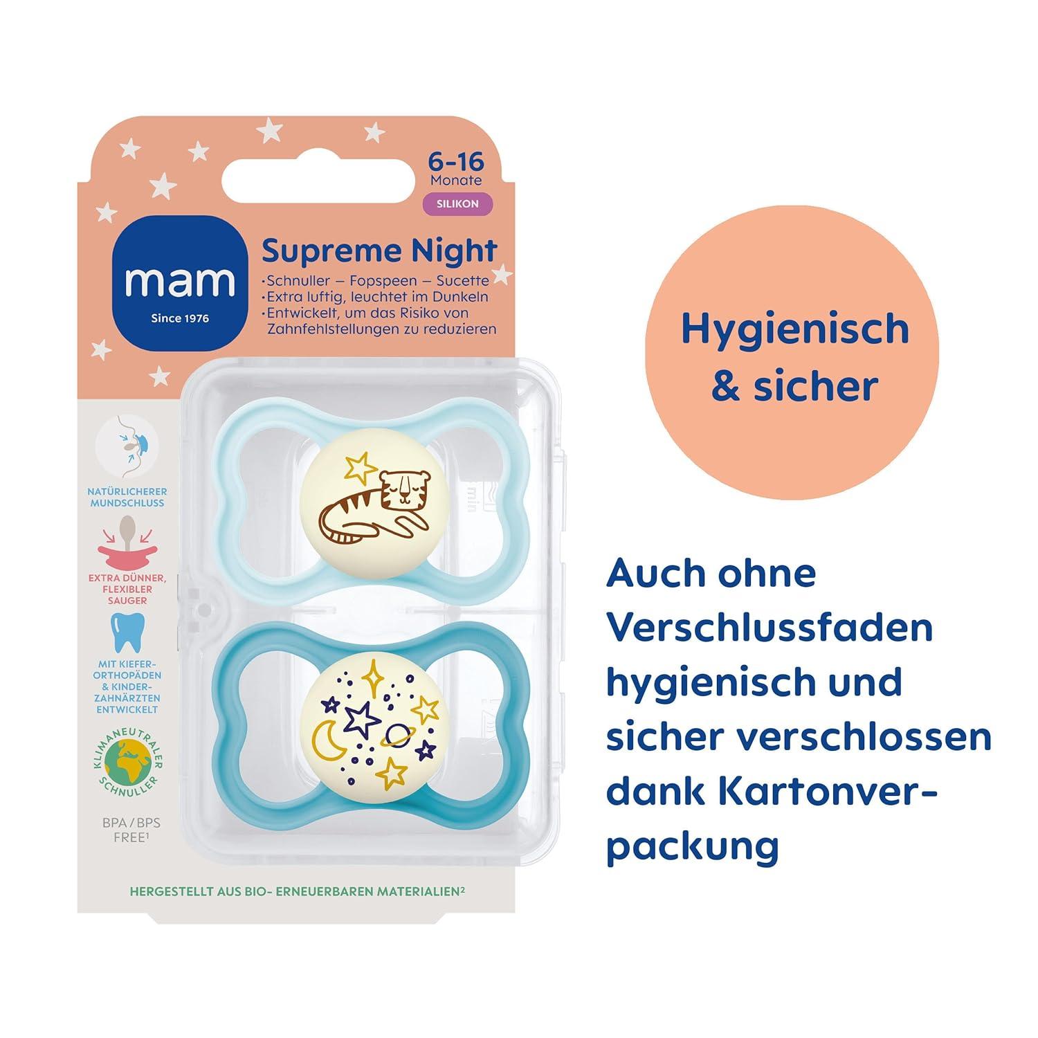 MAM Supreme Night Pacifier Set (2-Pack) | Bright Baby Pacifiers for ...