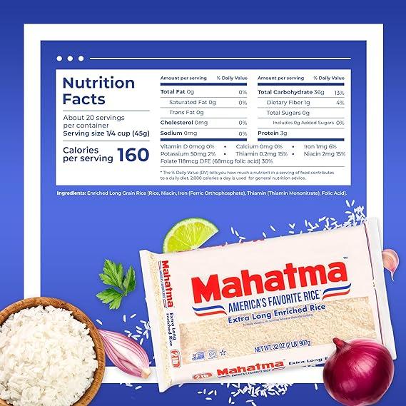 Mahatma Extra-Long-Grain Rice 2lb Bag - Gluten-Free & Non-GMO White ...