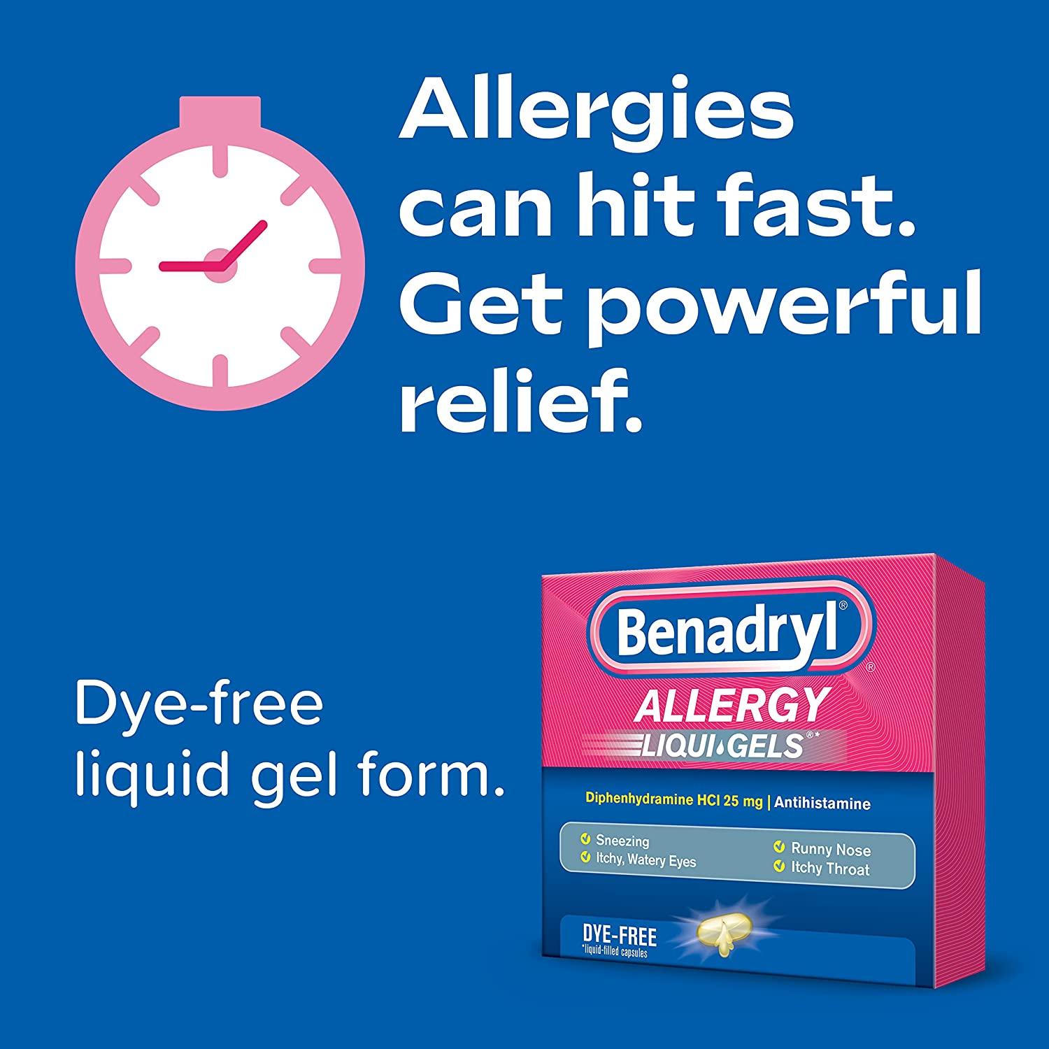 Benadryl Liqui-Gels Dye-Free Antihistamine Allergy Medicine & Cold ...