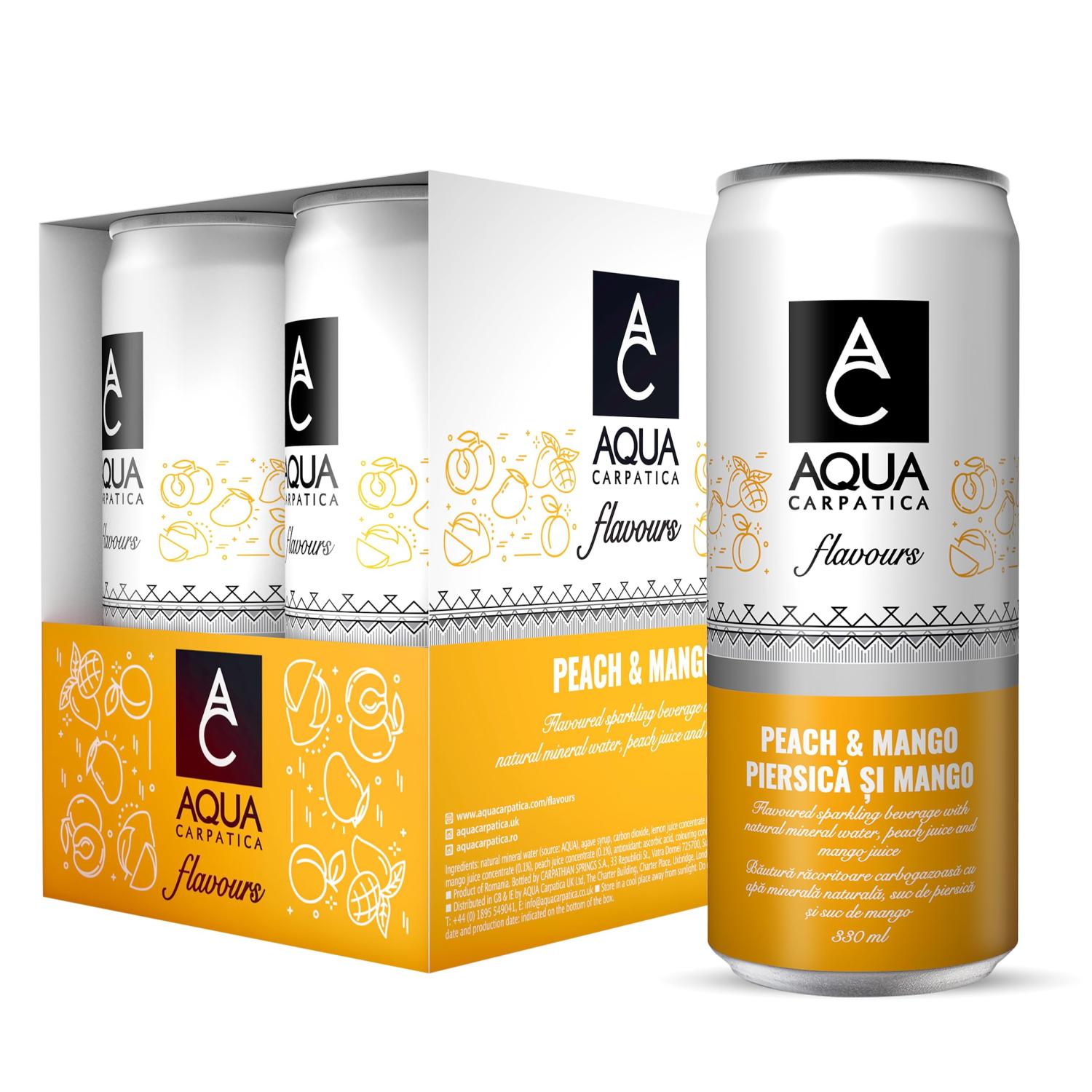 AQUA Carpatica Sparkling Mango & Peach 330ml x 4 - Natural Fruit Juice Infused Sparkling Water ...