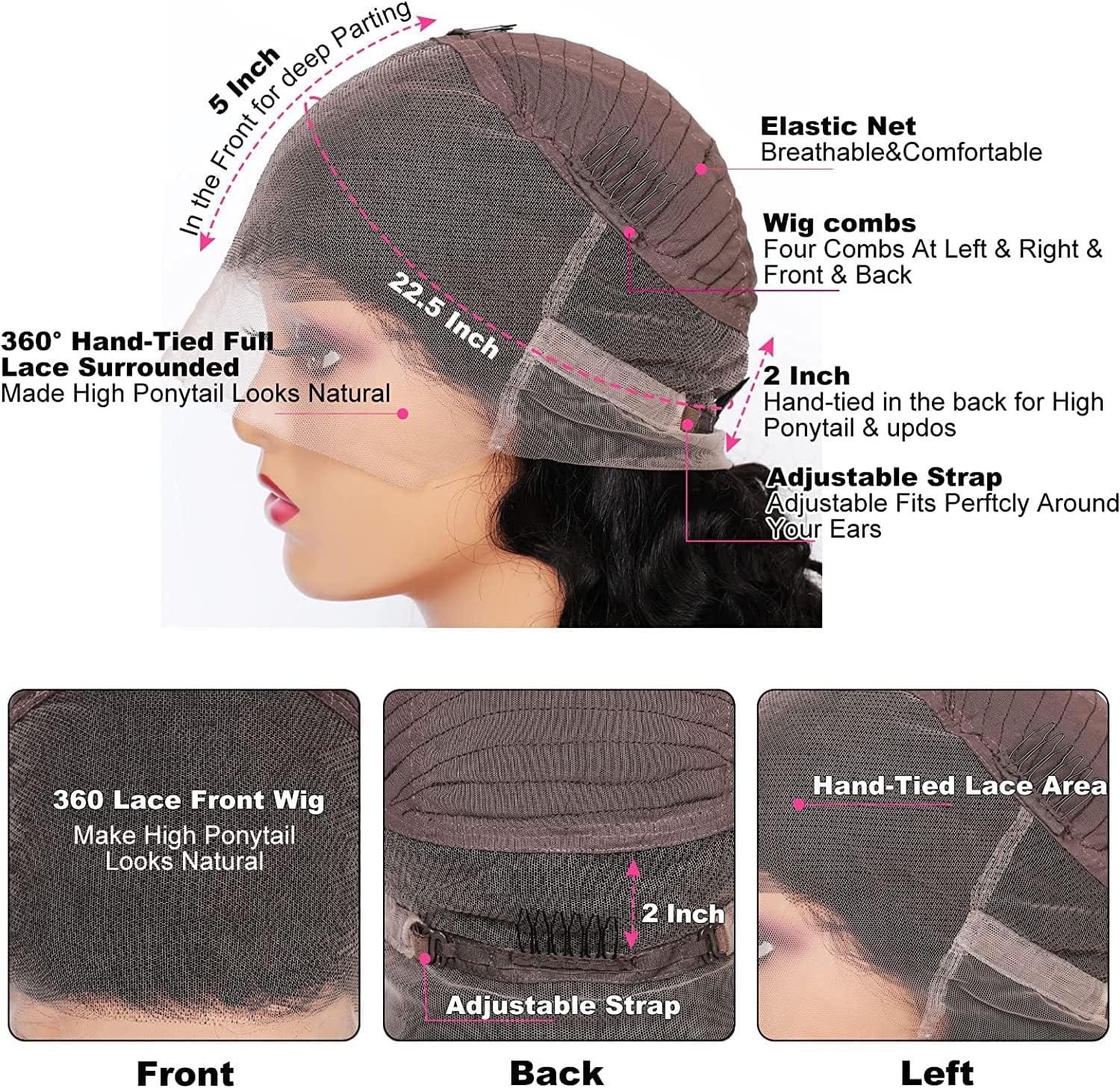 ALIPOP 360 Lace Front Human Hair Wig Body Wave Brazilian 22 Inch Black ...