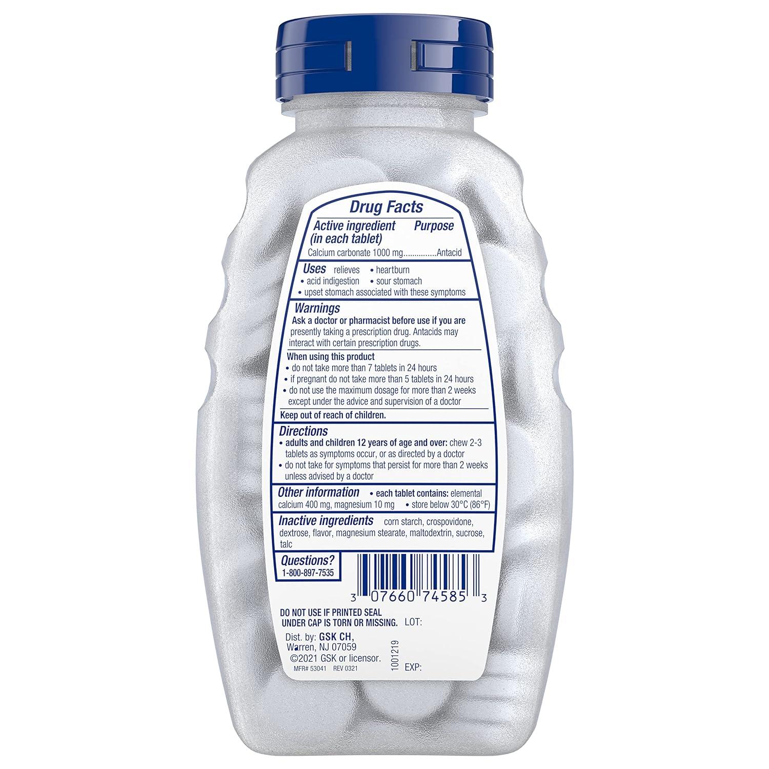 Tums Antacid Ultra Strength 1000 Peppermint 72 Chewable Tablets - Fast ...