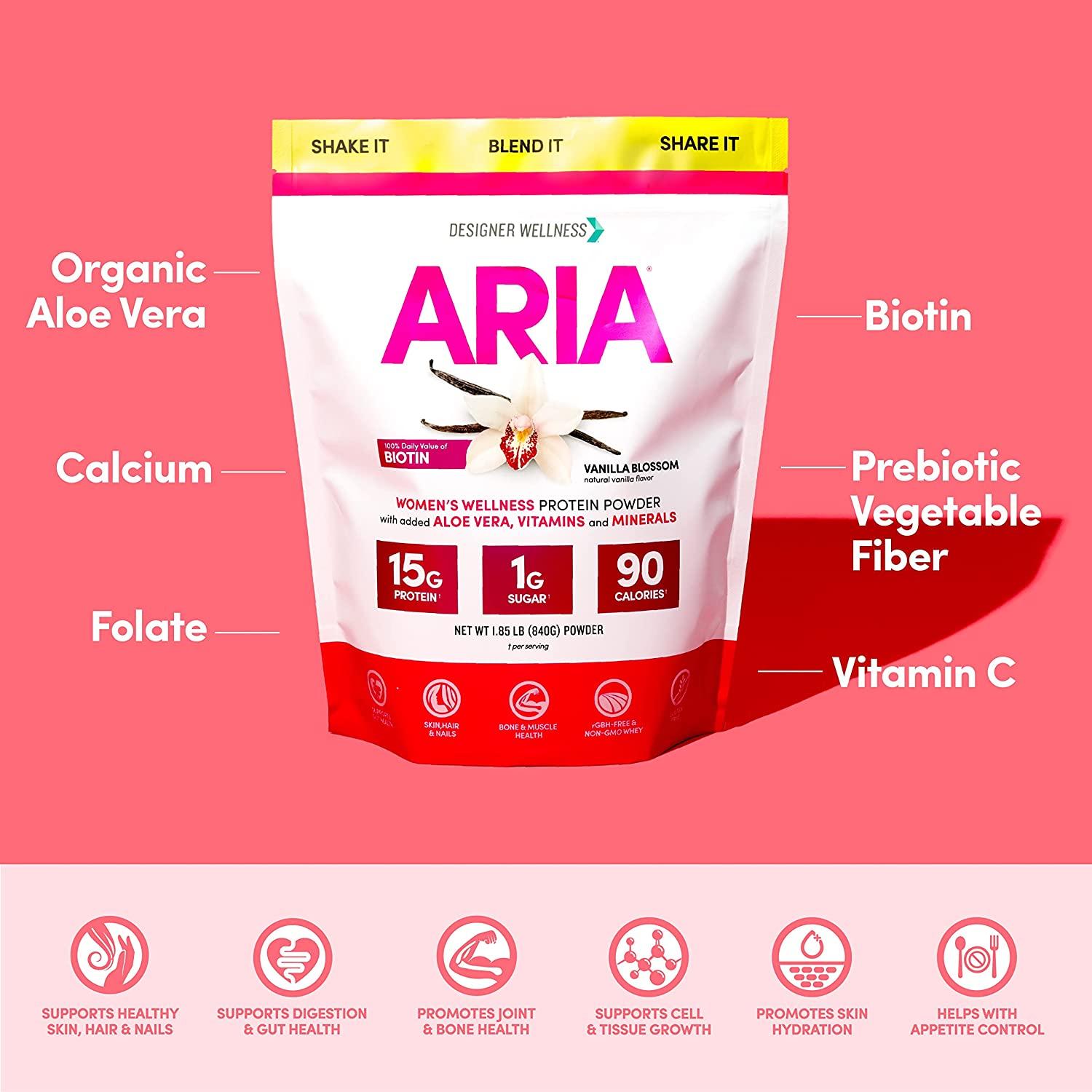 Designer Wellness Aria Women's Low Calorie Protein Powder with Biotin & Vitamin C - Vanilla ...