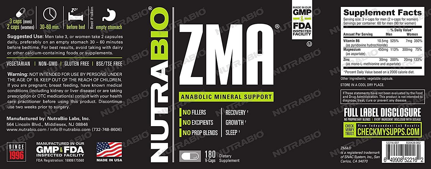 NutraBio Labs ZMA - 180 Vegetable Capsules for Muscle Recovery & Sleep ...