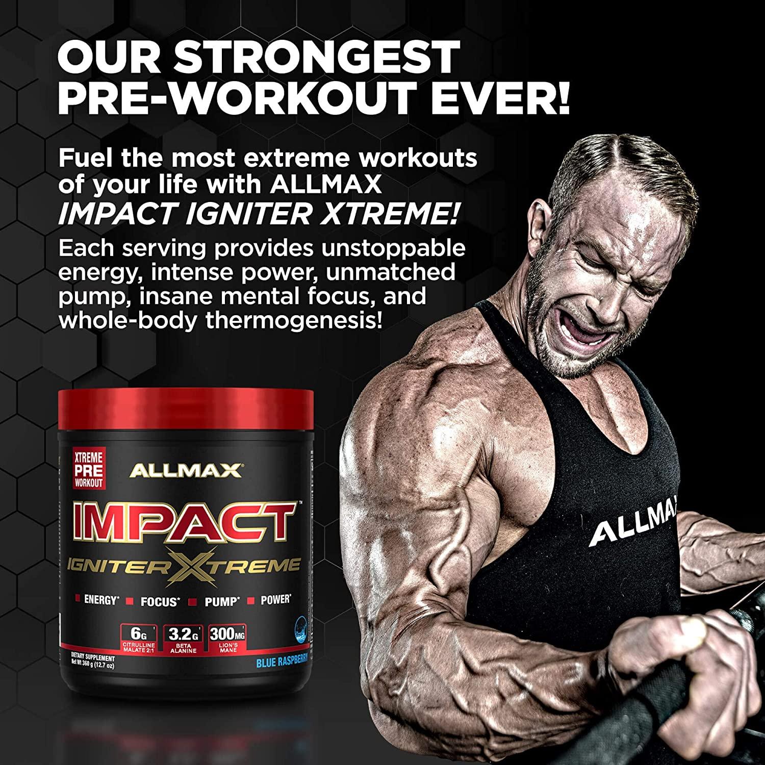 ALLMAX IMPACT Igniter Pre-Workout Blue Raspberry 11.6 oz | Boost Energy ...