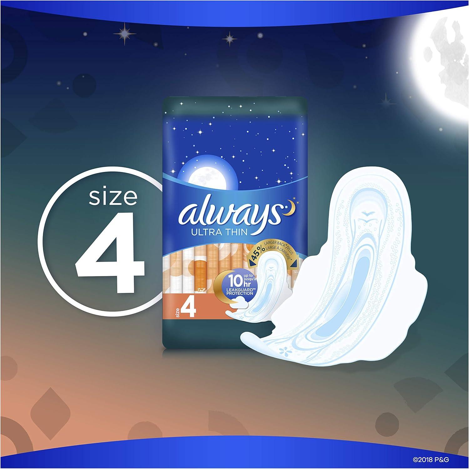 Always Ultra Thin Feminine Pads with Wings Size 4, 28 Count - Overnight ...