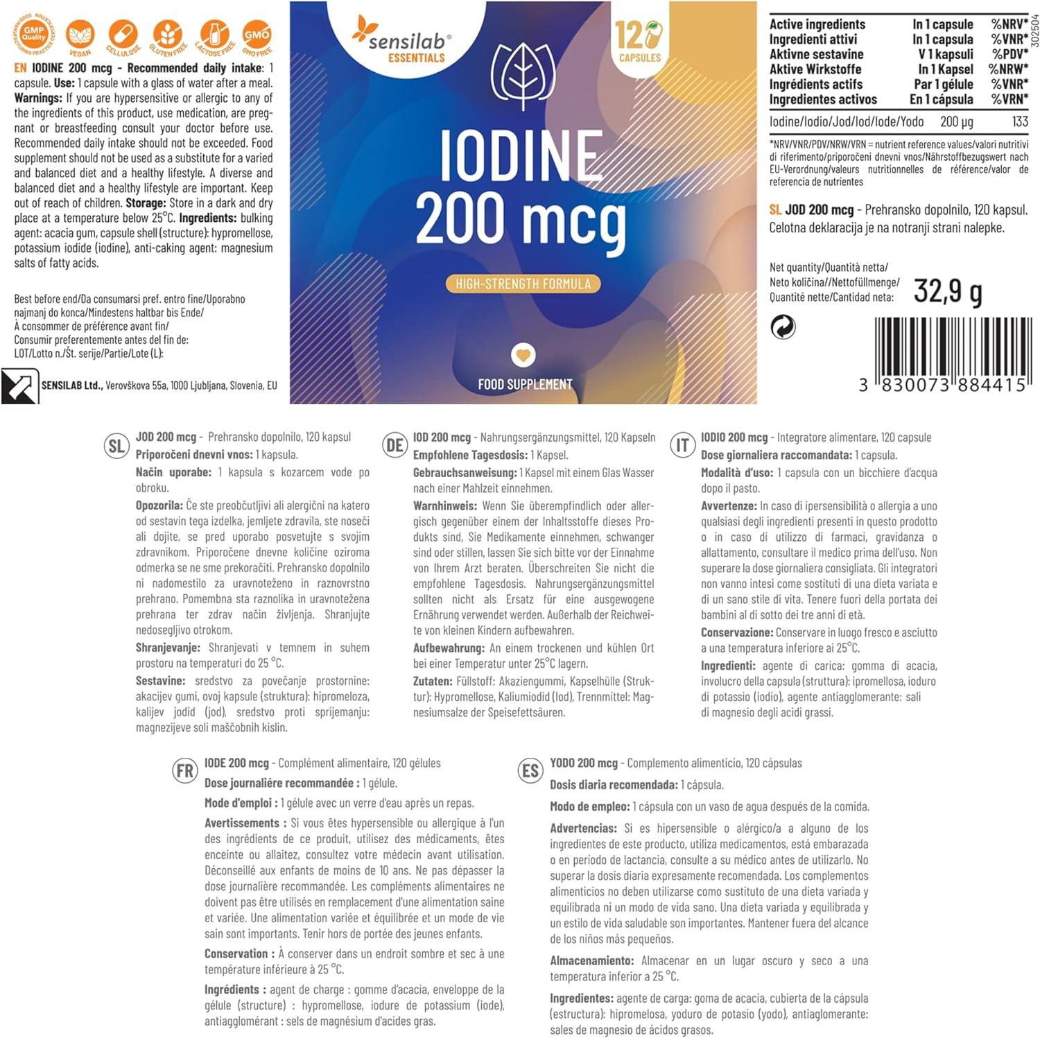 Sensilab Essentials Iodine Tablets 200 mcg - 120 Capsules for Thyroid ...