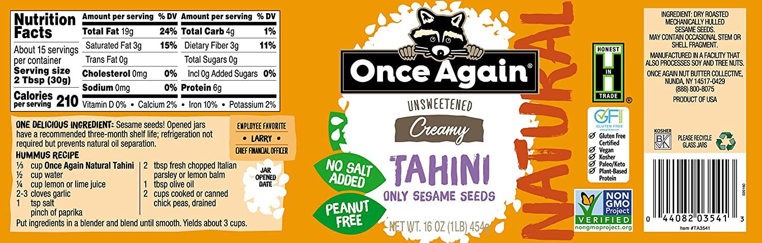 Once Again Natural Sesame Tahini - 16 oz Jar (Salt Free, Unsweetened ...