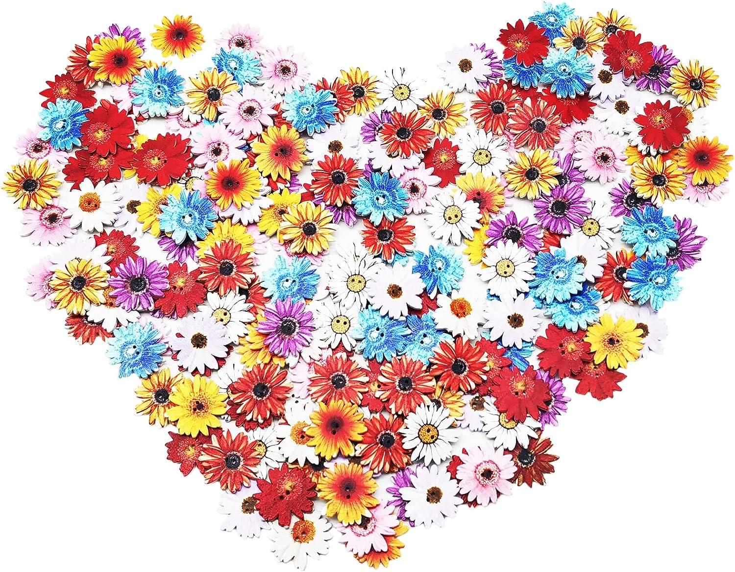 100Pcs 1-inch Painted Wooden Daisy Flower Buttons for Crafts ...