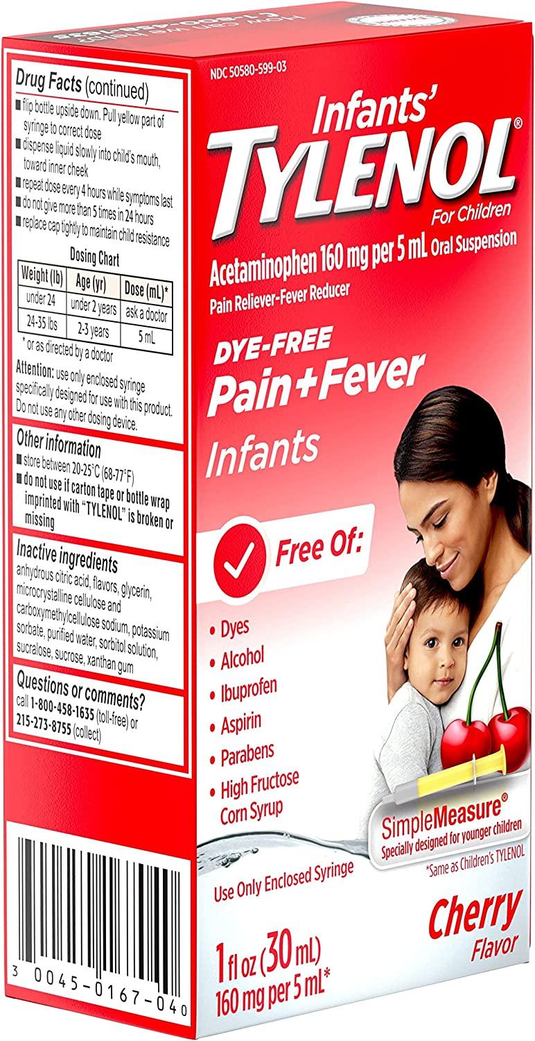 Infants' Tylenol Acetaminophen Pain & Fever Relief, Dye-Free Cherry - 1 ...