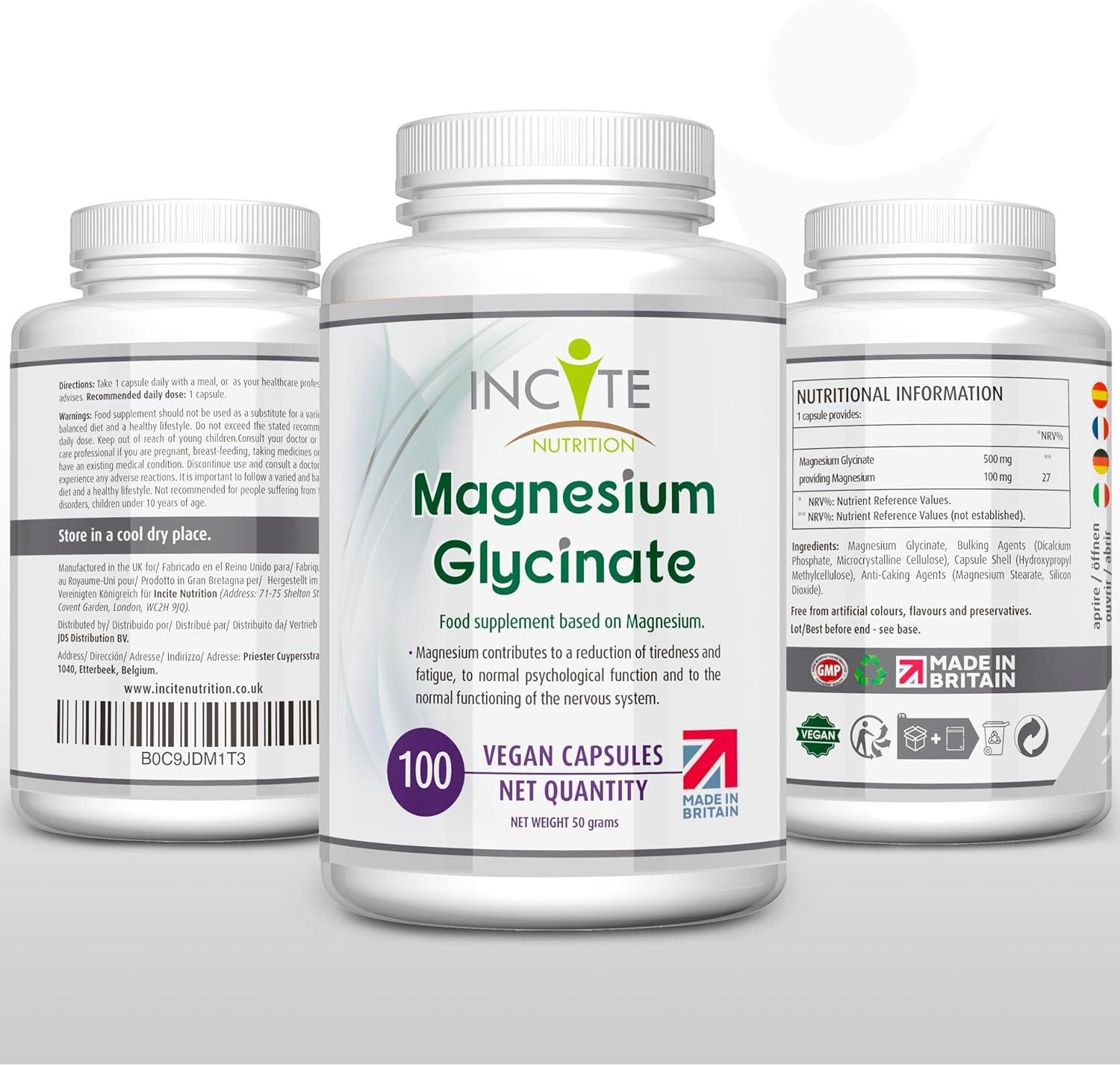 Premium 500mg Magnesium Glycinate Supplements - 100 Vegan Capsules (3 ...