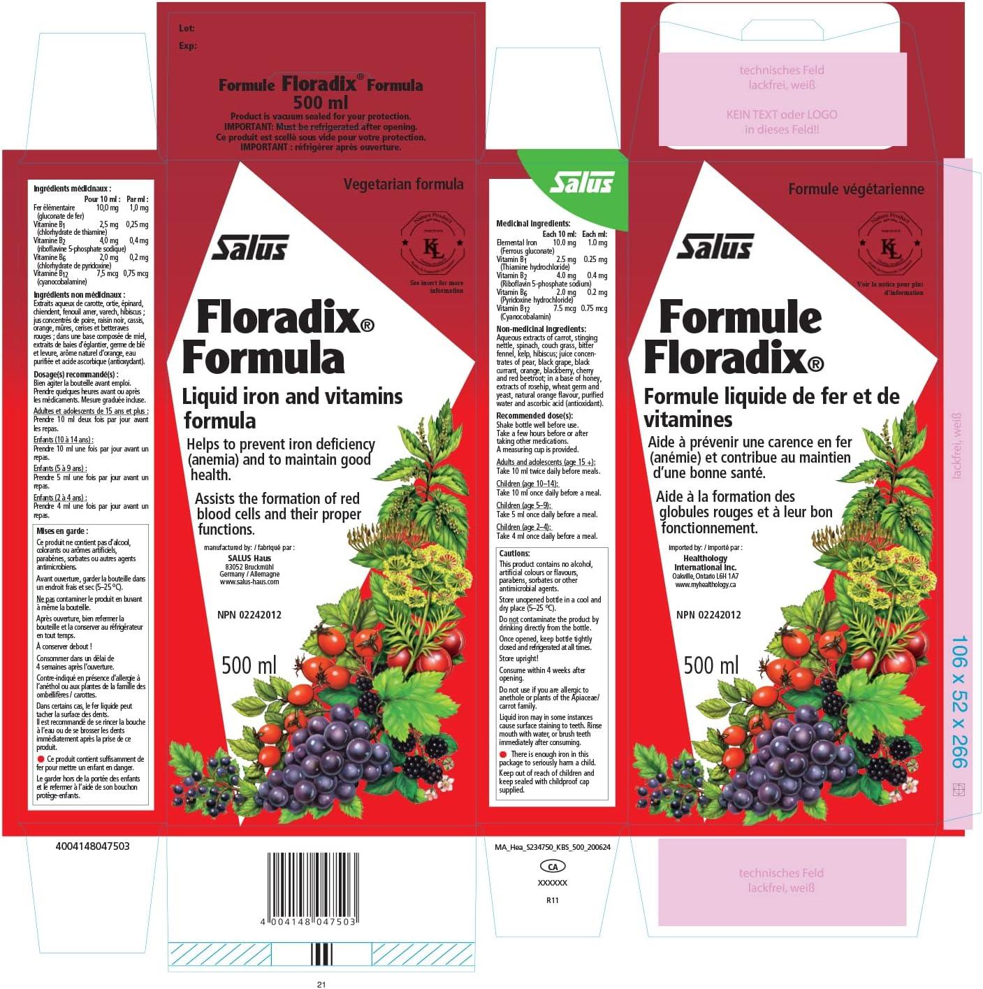 Salus Floradix Liquid Iron Formula 500ml - Natural Iron Supplement ...