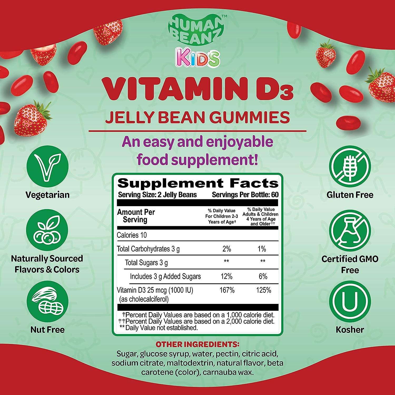 Kids Vitamin D3 Jelly Bean Gummies 25mcg/1000 IU - 120 Strawberry Blast ...