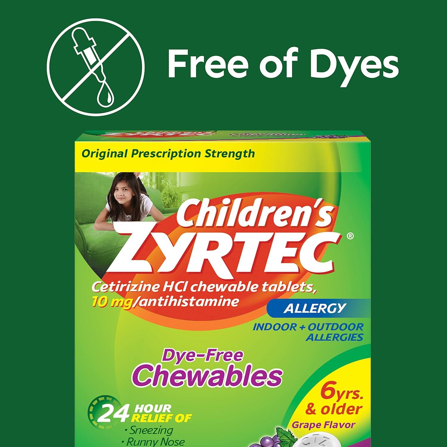 Children's Zyrtec Allergy Chewables | Grape Flavor | Dye-Free | 10mg ...