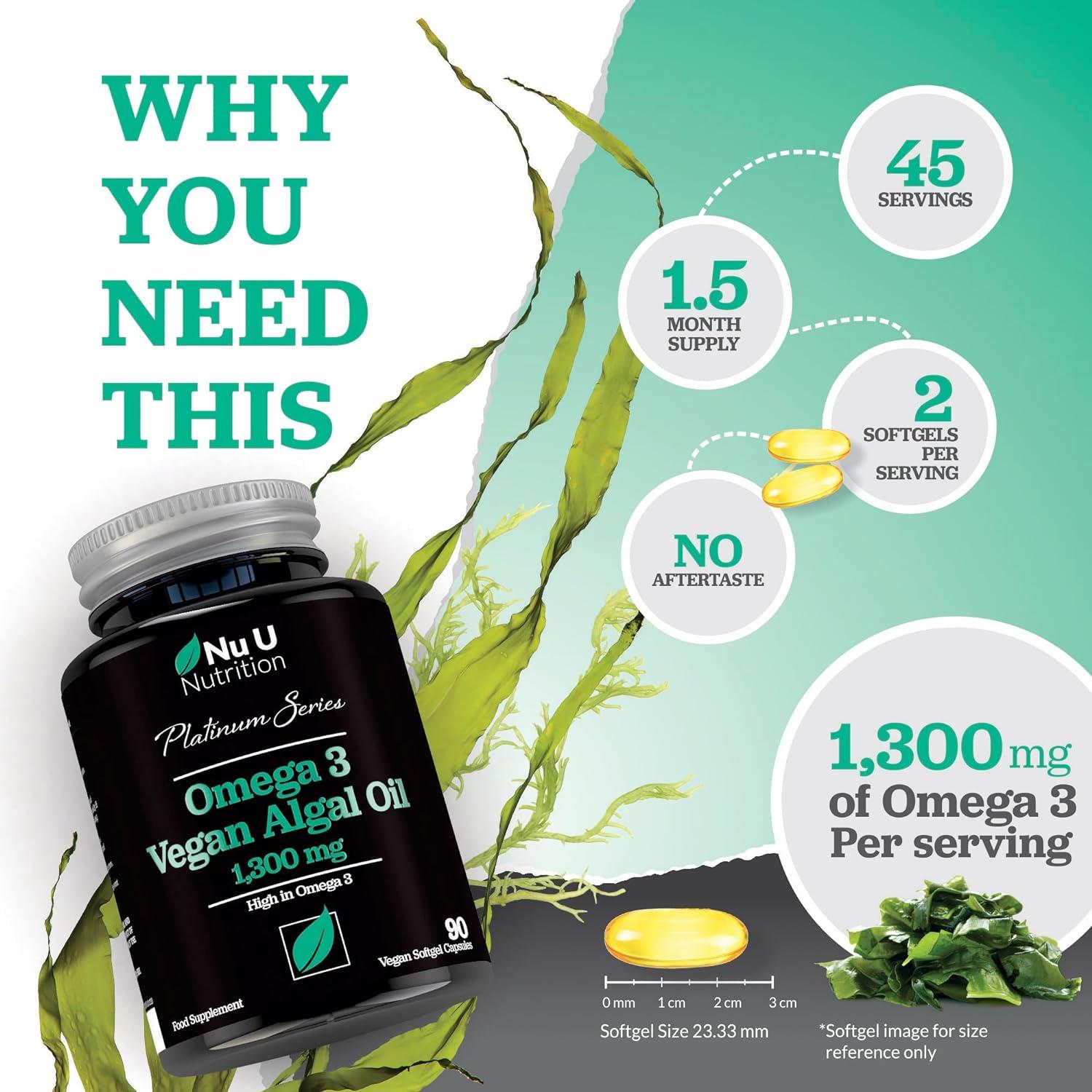 Vegan Omega 3 Algae Oil 1300mg - High Strength DHA - 90 Vegan Softgels ...