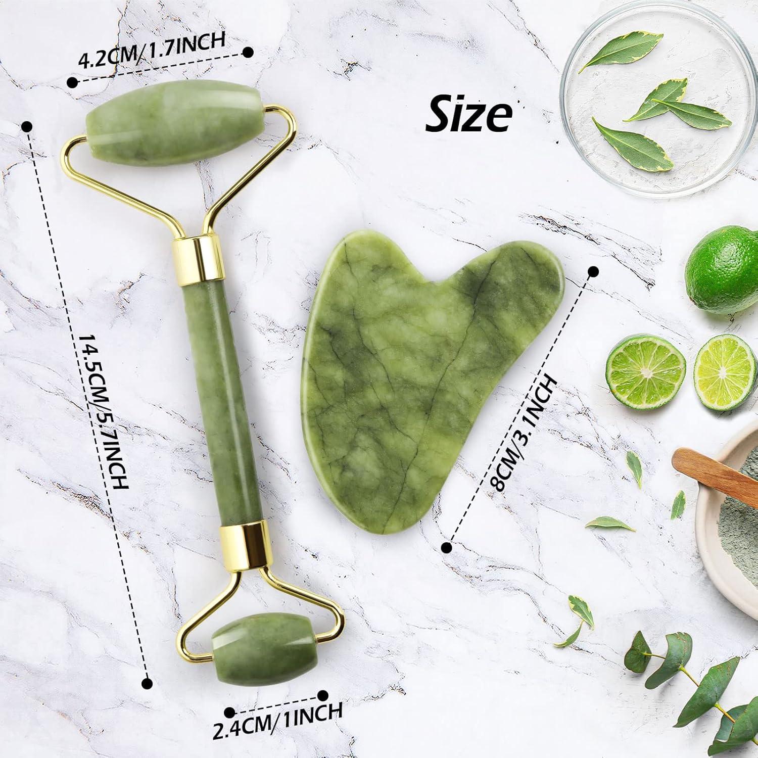 Geeric Gua Sha & Jade Roller Set | Natural Green Facial Massager for ...