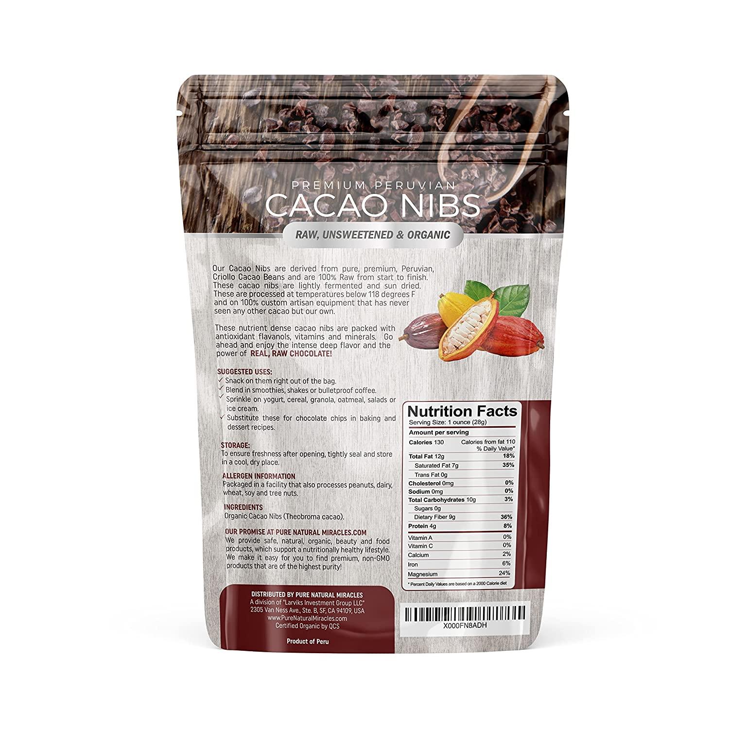 Organic 100% Cacao Nibs - 16 Oz - Unsweetened Dark Chocolate - Raw ...