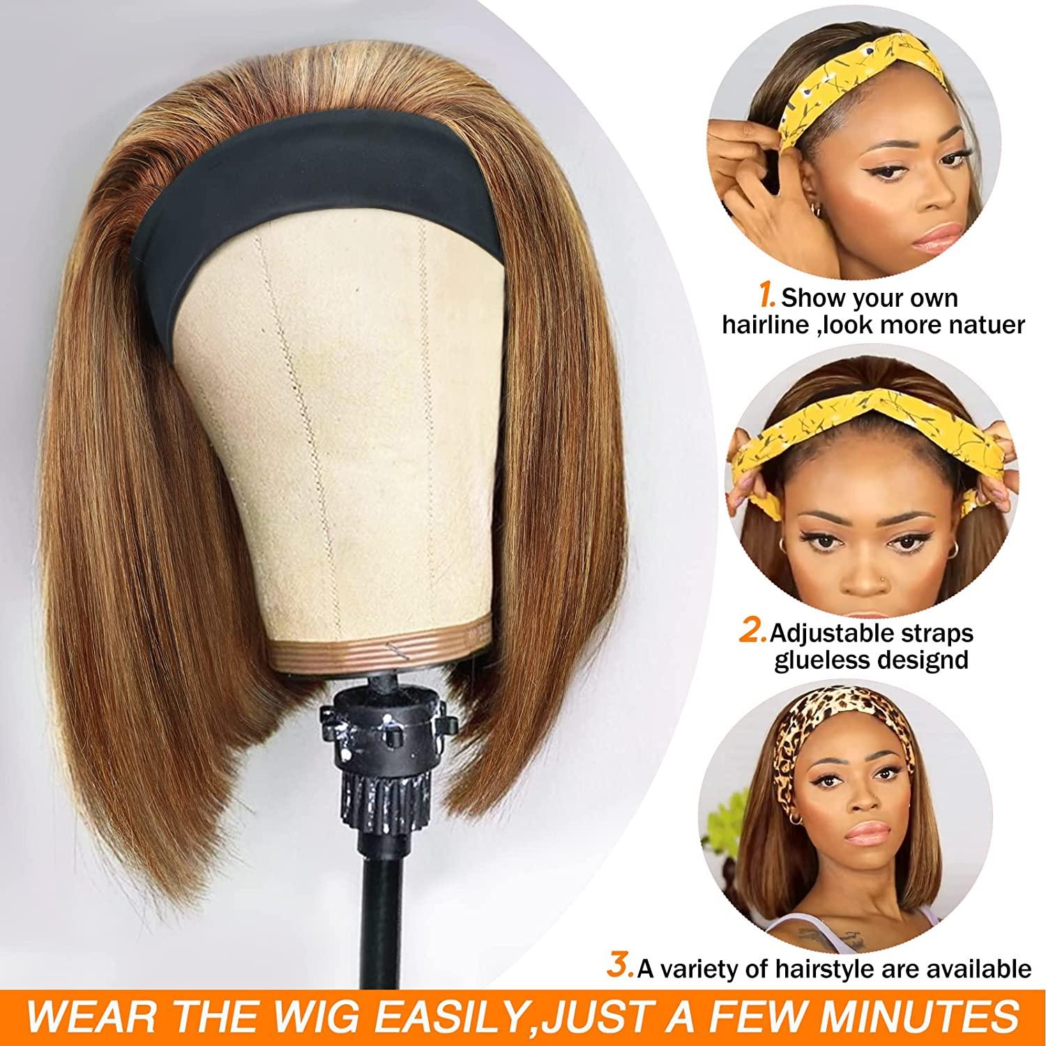 Highlight Bob Headband Wig 12 Ombre Straight Human Hair for Black Women ...